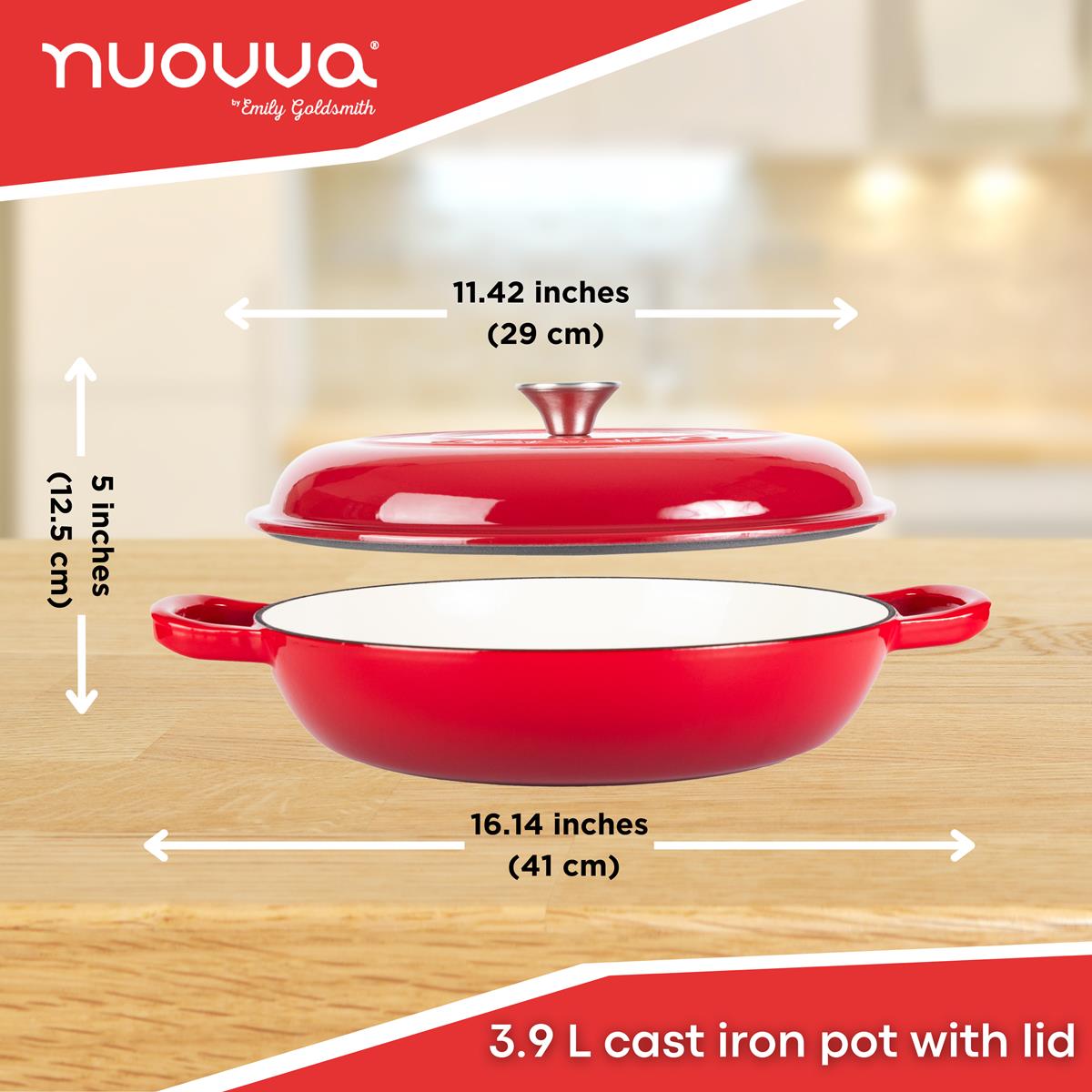 Shallow Cast Iron Dutch Oven Casserole with Lid, Oven-Safe - 3.9L, (29